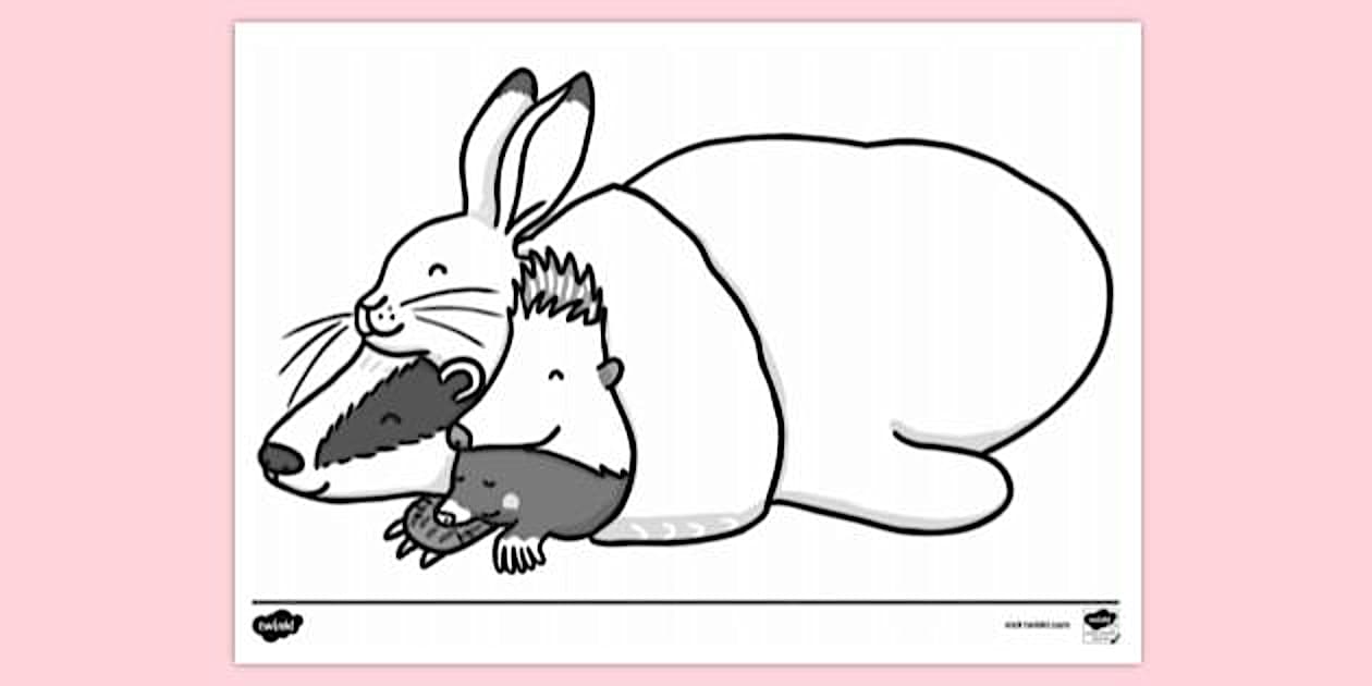 Mole Rabbit Hedgehog and Badger in Mitten Colouring Sheet