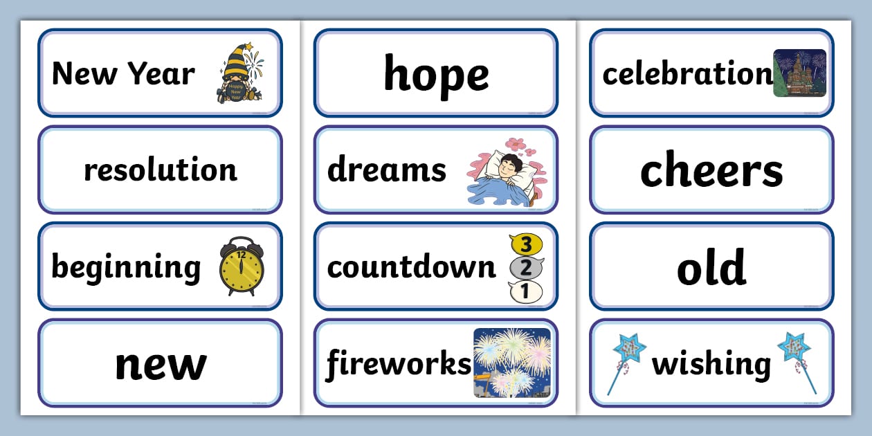 New Year Vocabulary Word Cards (Hecho por educadores)