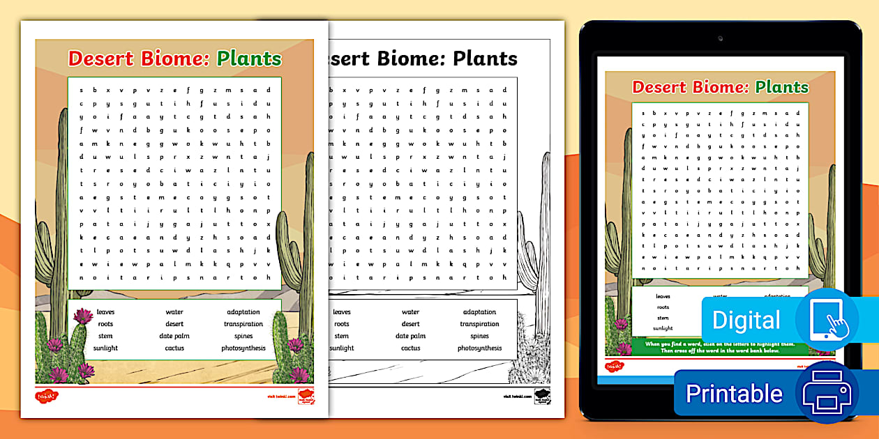 Desert Biome: Plants Word Search for 3rd-5th Grade - Twinkl