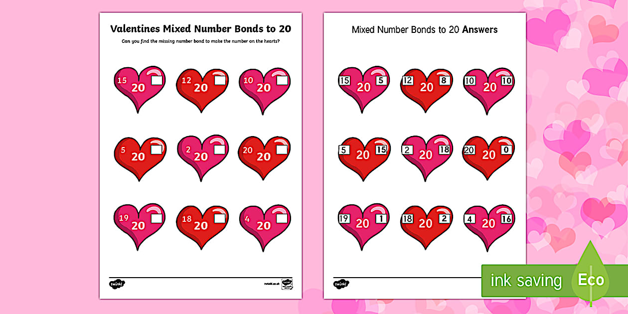 Valentine's Day Heart Mixed Number Bonds to 20 Worksheet / Worksheet
