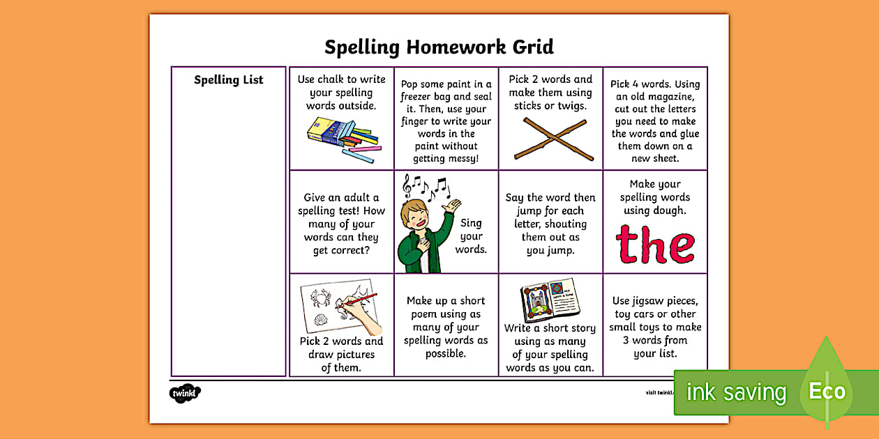 Spelling Activity Grid – Homework Activities – Twinkl