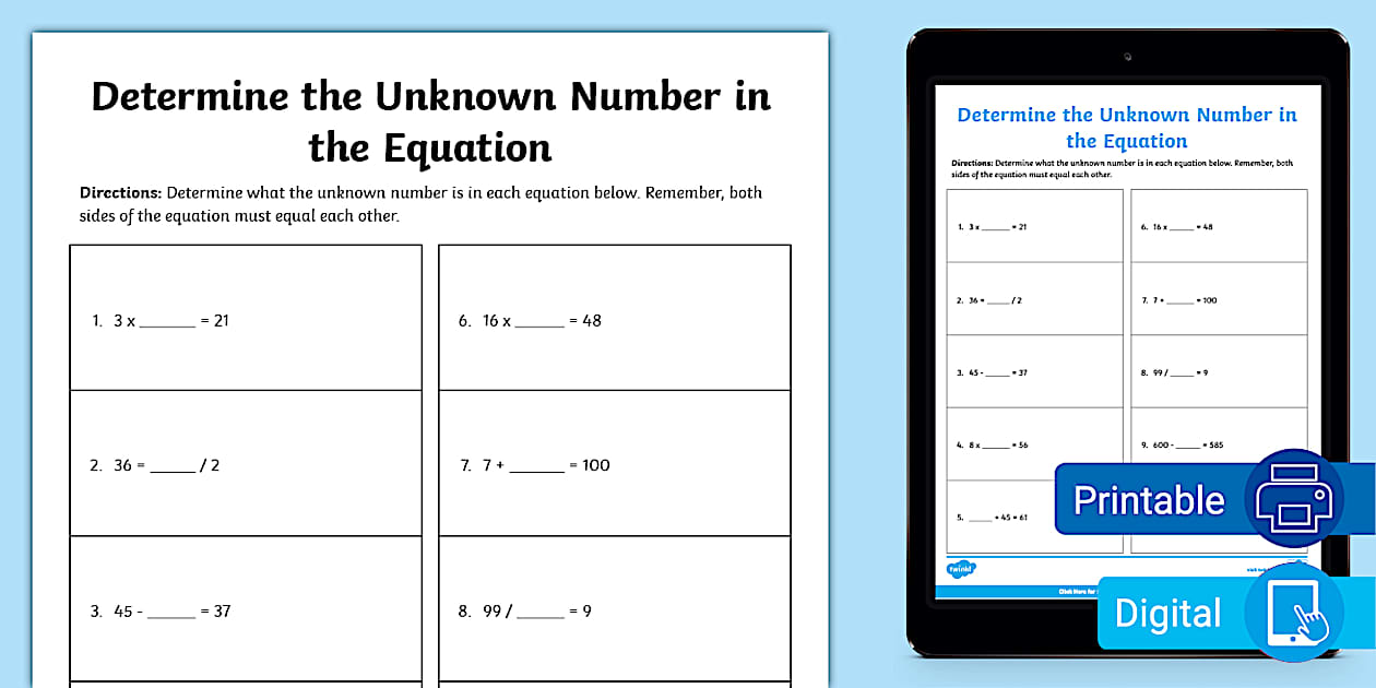 Determine the Unknown Number in an Equation Activity Sheet