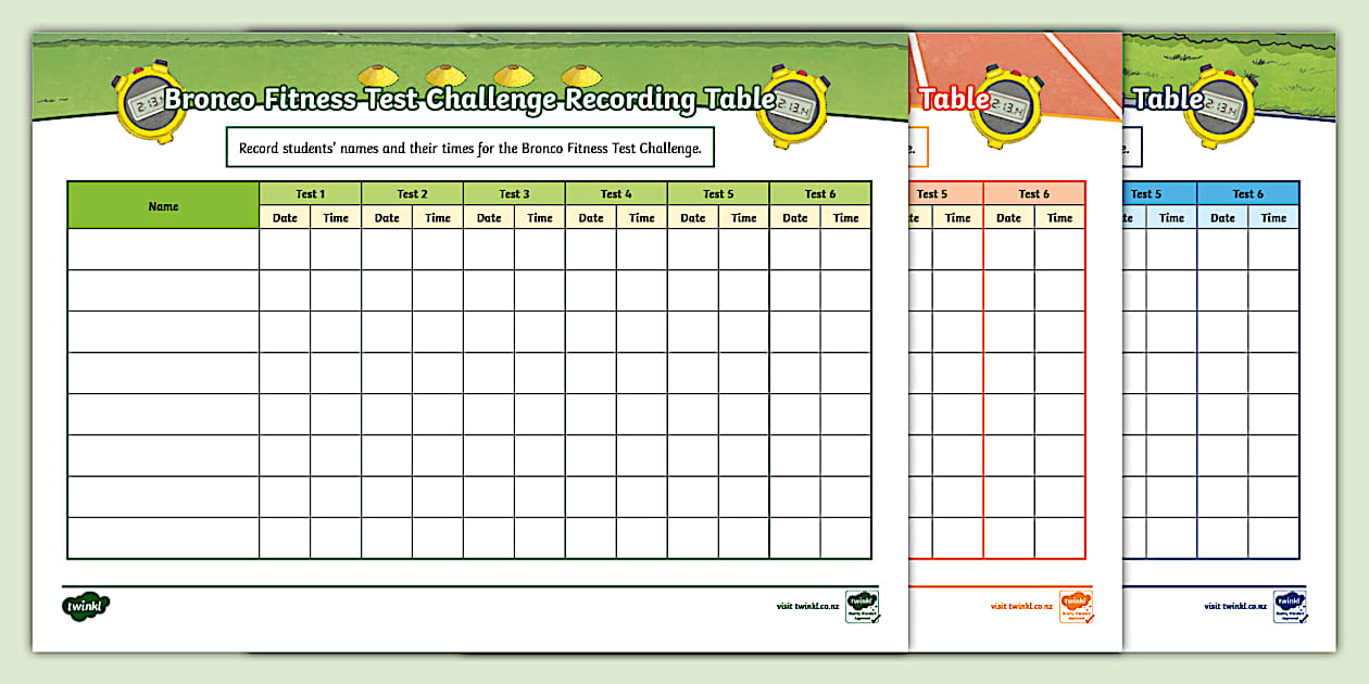 Bronco Fitness Test Challenge Display Recording Sheet