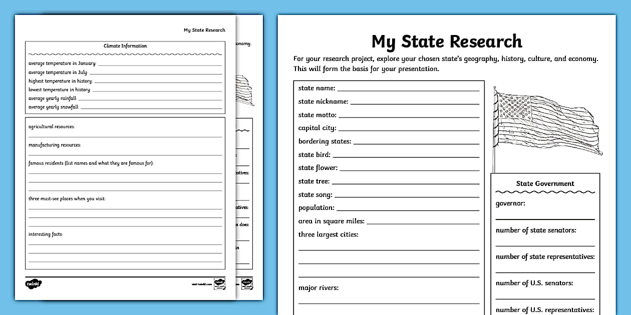 My State Research Activity Worksheet (Hecho por educadores)