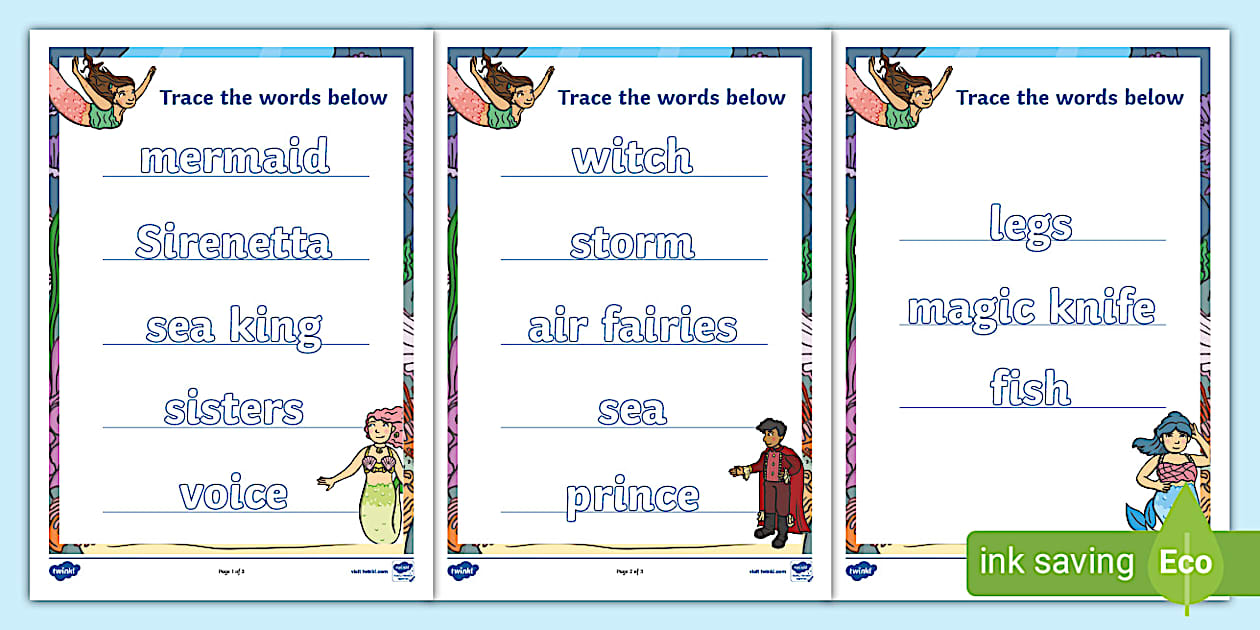SA The Little Mermaid Trace the Words Worksheet - Twinkl