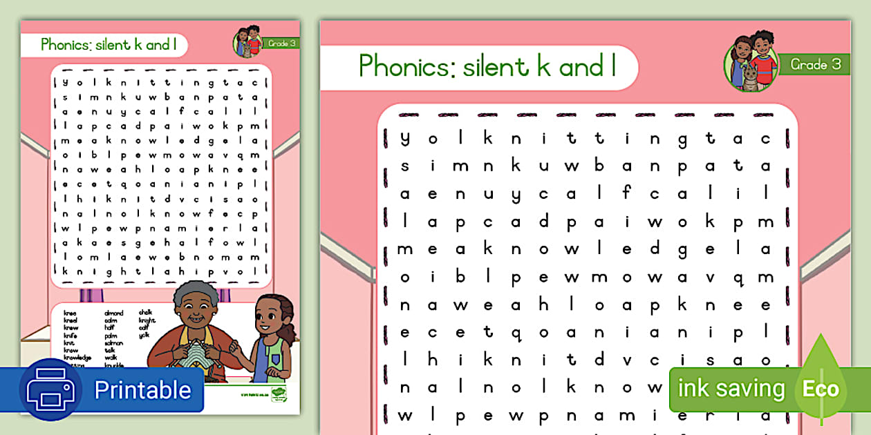 Grade 3 Phonics: Silent k and l Wordsearch - Twinkl