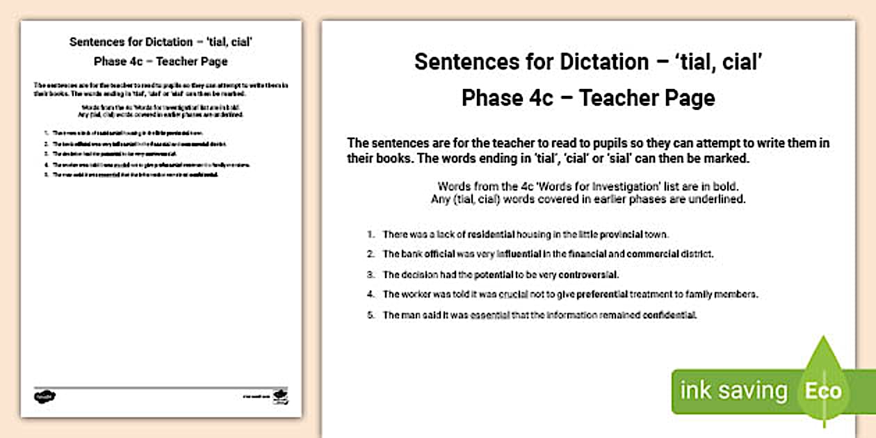 Linguistic Phonics Phase 4c 'tial, cial' Dictation Sentences Teacher ...