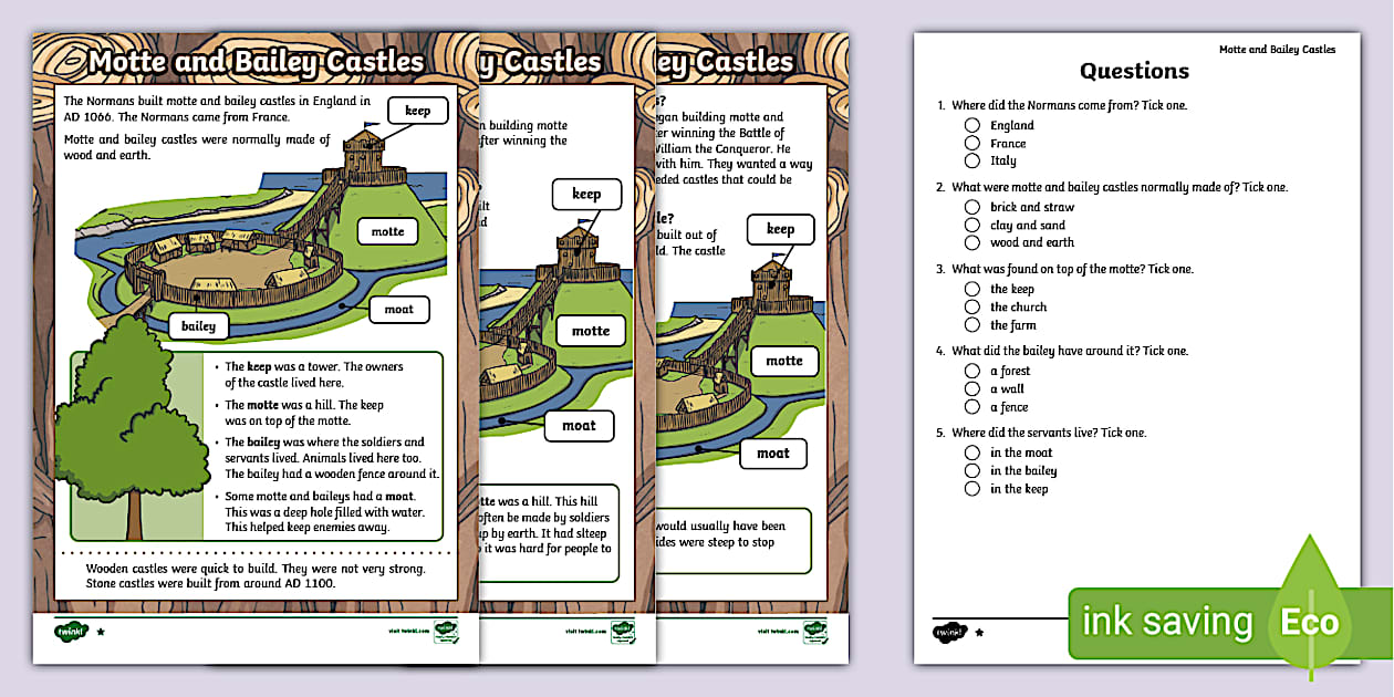 KS1 Motte and Bailey Castles Reading Comprehension - Twinkl