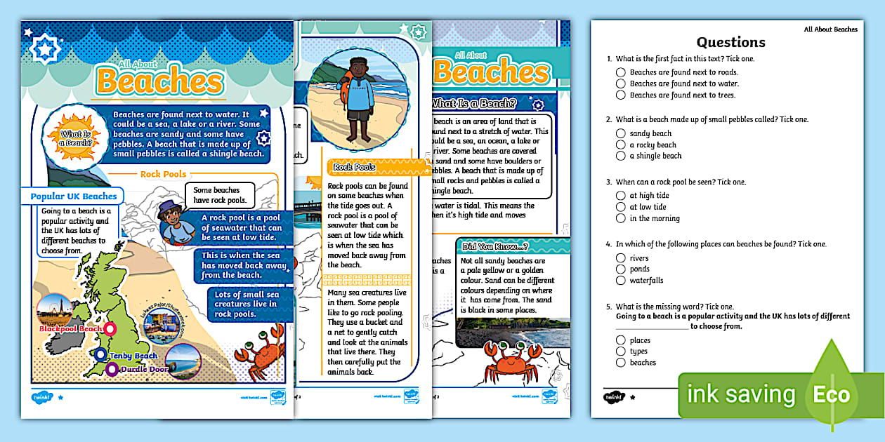 KS1 All About Beaches Differentiated Reading Comprehension Activity