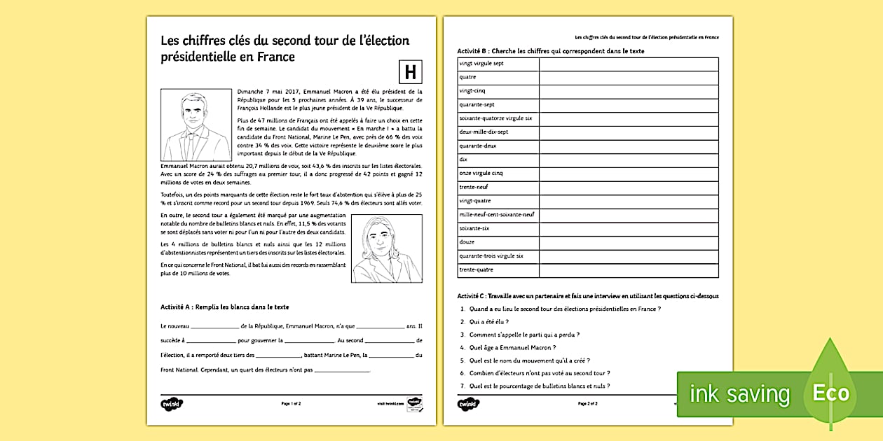 French Elections Higher Tier Worksheet / Worksheet French