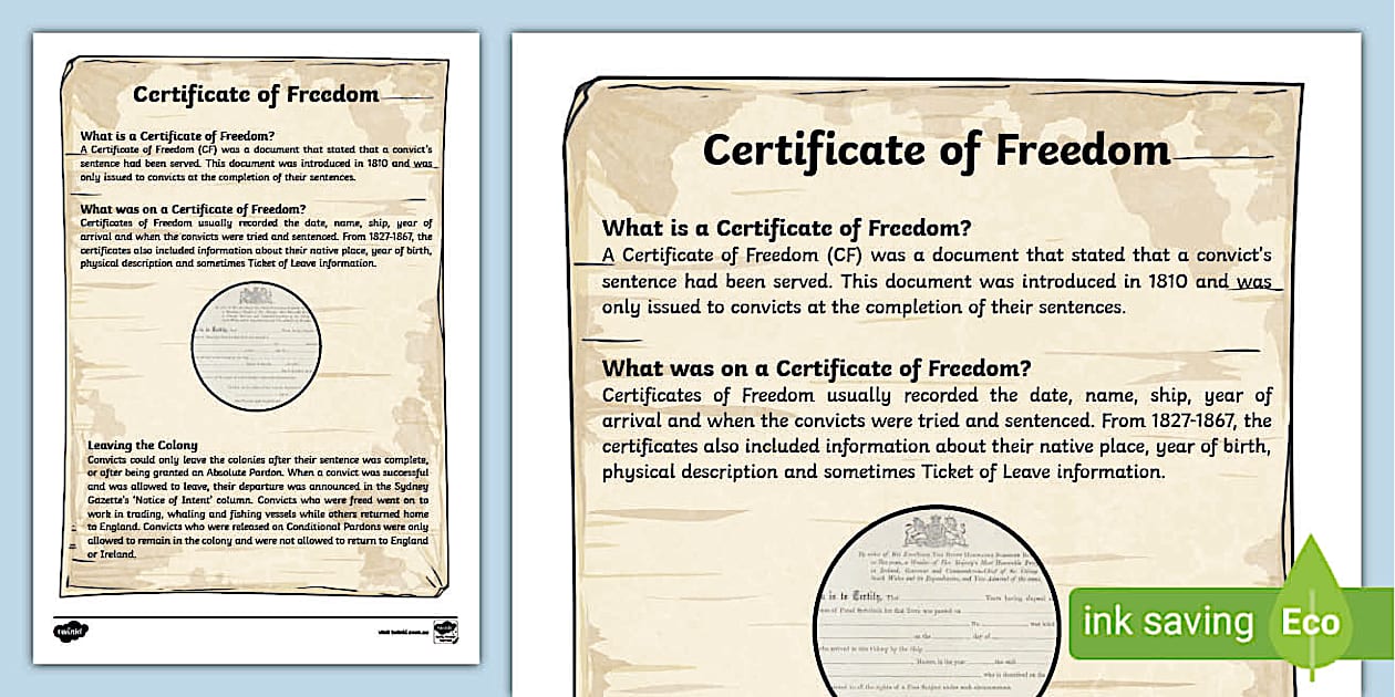 The First Fleet Certificates of Freedom Information Sheet