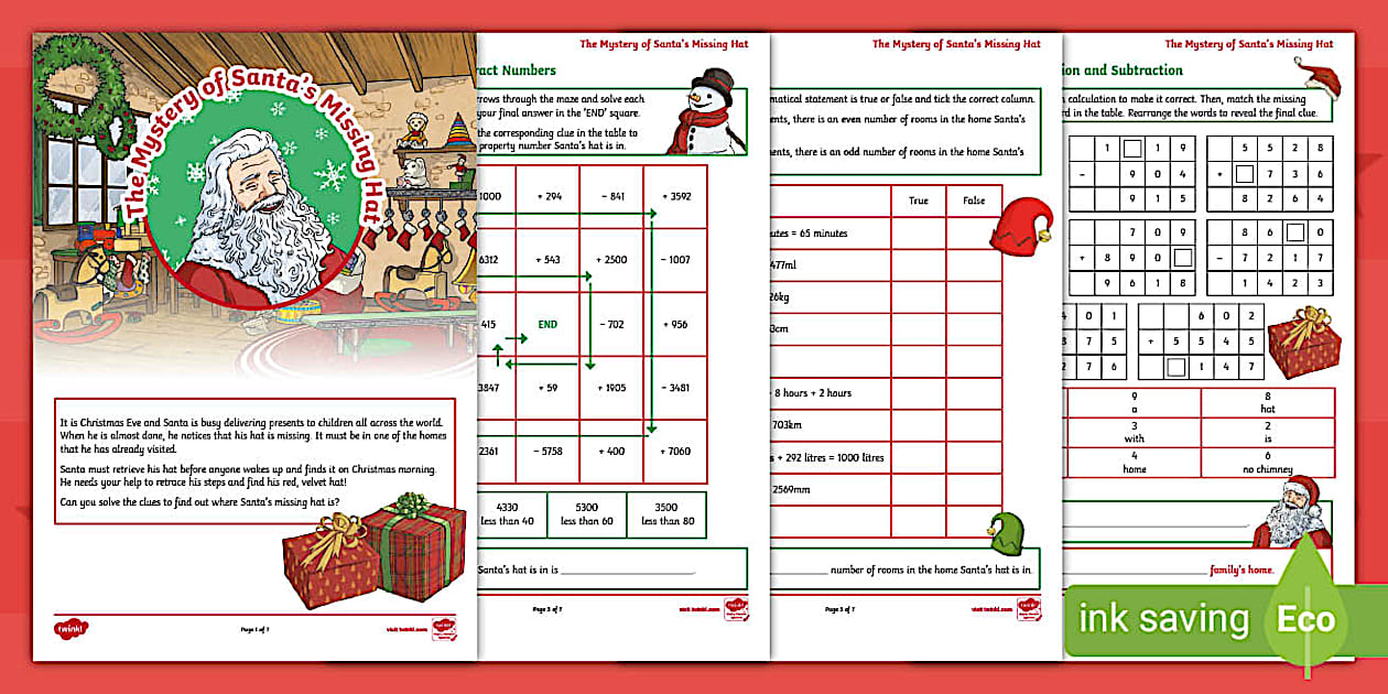 👉 Year 4 The Mystery of Santa's Missing Hat Maths Mystery Game