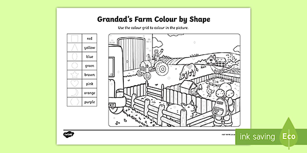 Grandpa's Farm Colour By Shape Worksheet - Twinkl
