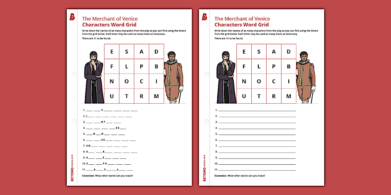 The Merchant of Venice Characters Word Grid Game - Twinkl