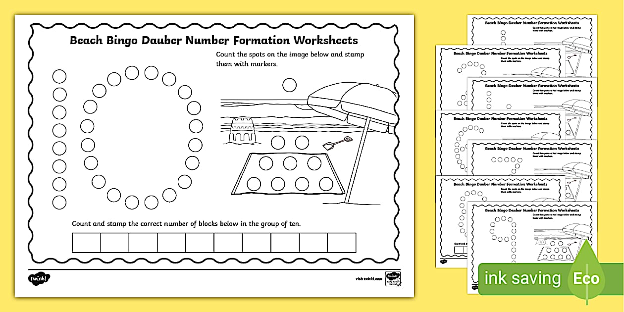 Beach Bingo Dauber Number Formation Worksheets - Twinkl