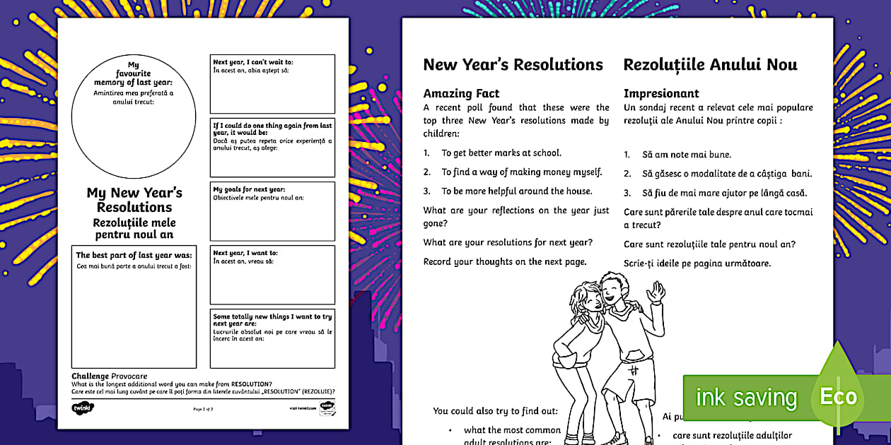 New Year's Resolutions Worksheet / Worksheet English/Romanian