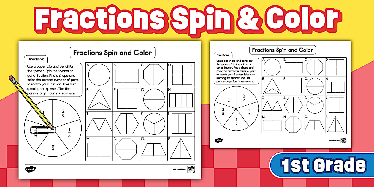 First Grade Fractions Spin and Color Center Worksheet