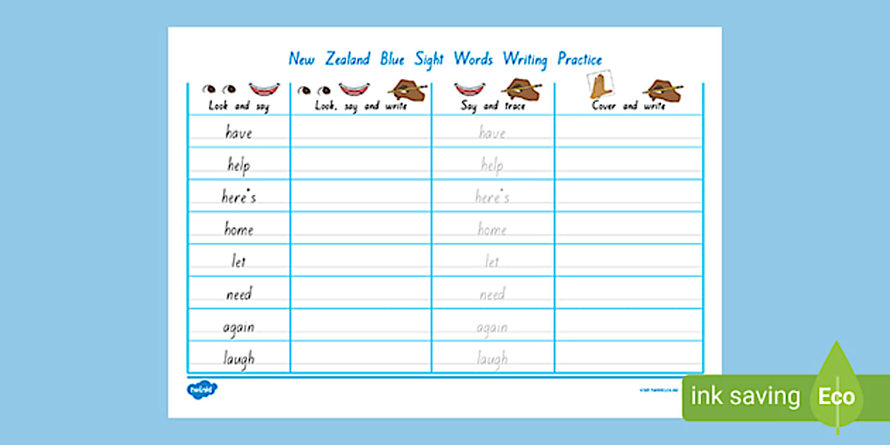 New Zealand Blue Sight Words Writing Practice