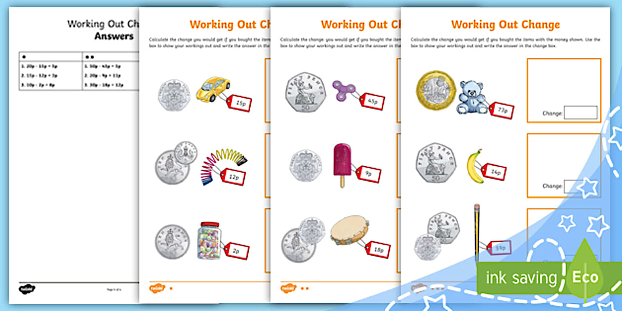 👉 Working Out Change Worksheets (teacher made) - Twinkl