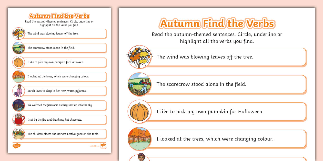 Autumn Find the Verbs Worksheet - KS1 (teacher made)