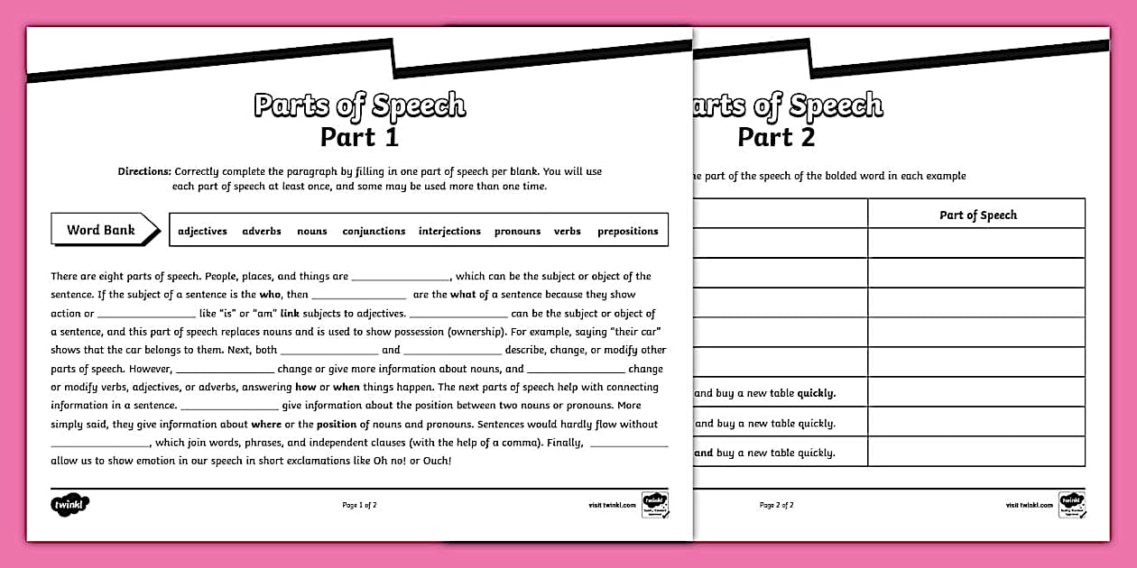 Sixth Grade Parts of Speech Assessment (teacher made)