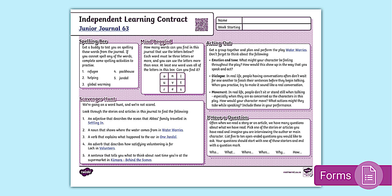 Junior Journal 63 August 2022: Independent Learning Contract