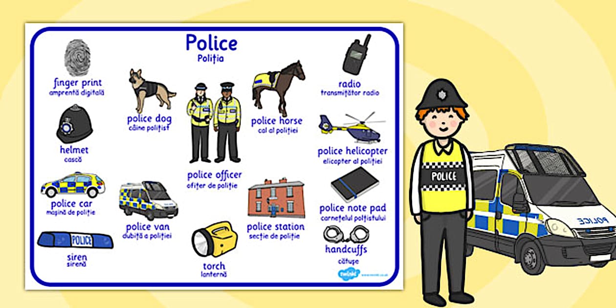 Police Word Mat Romanian Translation (teacher made) - Twinkl