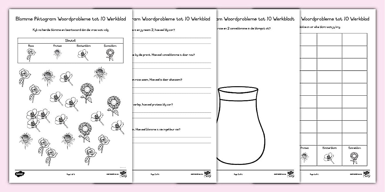 Graad R Blomme Piktogram Woordprobleme tot 10 Werkblad