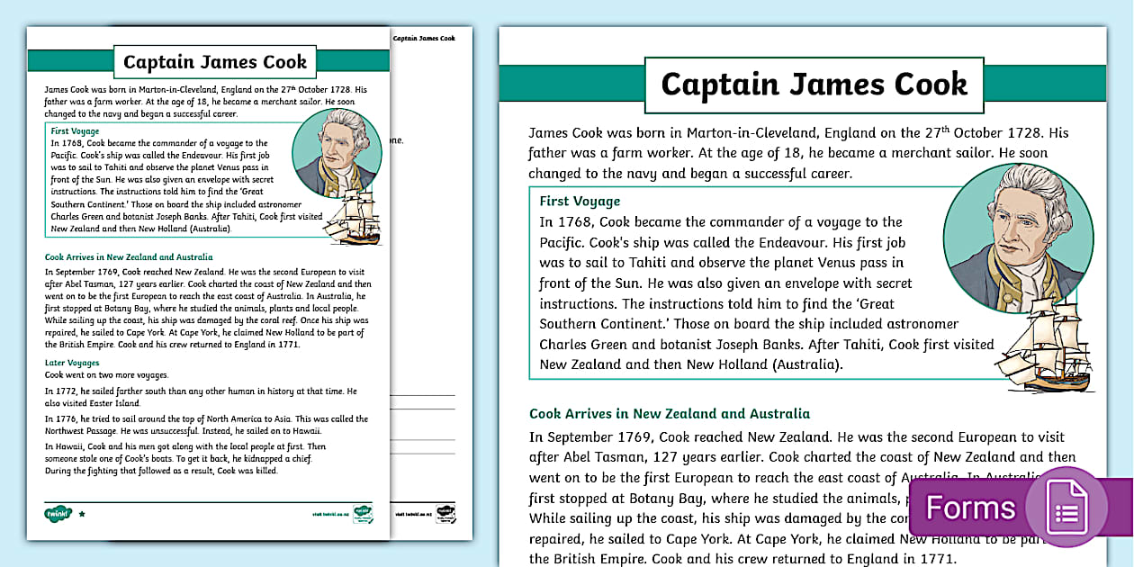 Captain Cook Explorations Reading Comprehension - Twinkl