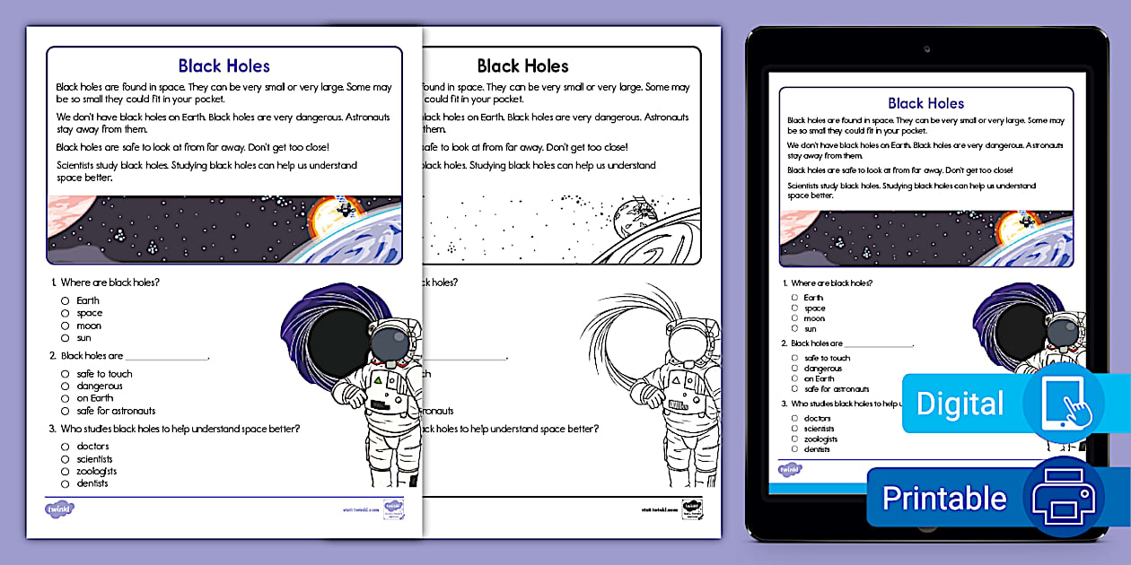 First Grade Black Holes Reading Passage Comprehension Worksheet