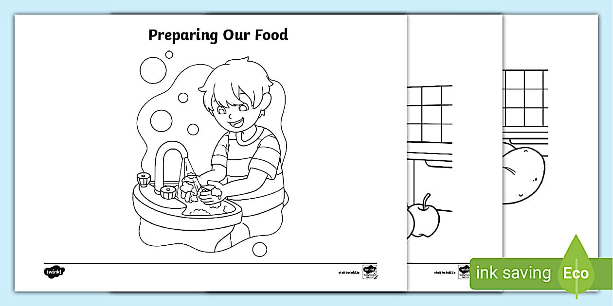 Preparing Our Food (Colouring Sheet). (teacher made)