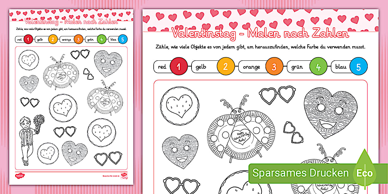 Valentinstag: Malen nach Zahlen - Arbeitsblatt - Twinkl