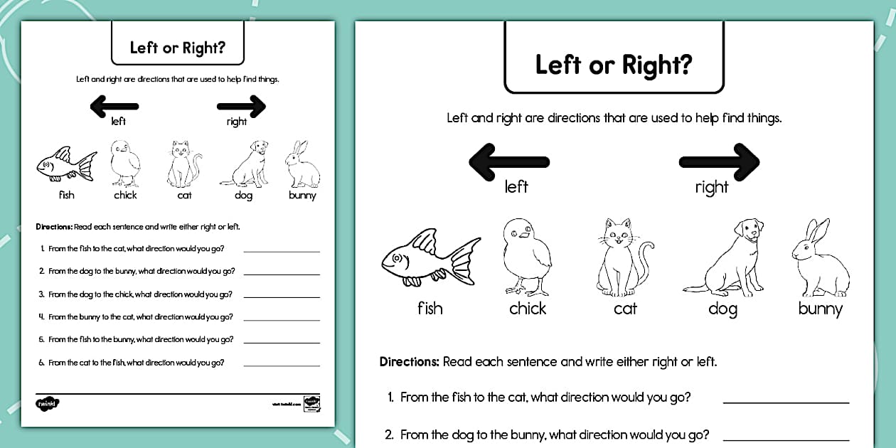 Left or Right Directional Awareness Worksheet for K-2nd Grade