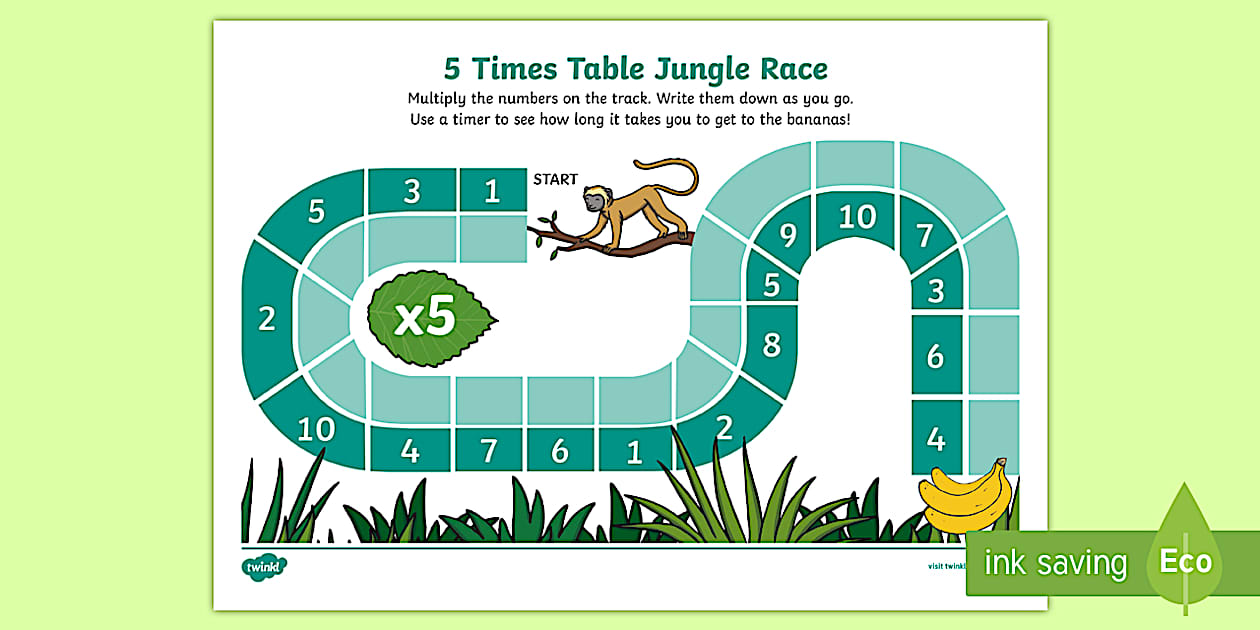 Black and White 5 Time Table Jungle Race Game Worksheet