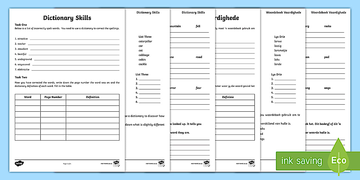 Dictionary Skills Worksheet / Worksheet English/Afrikaans