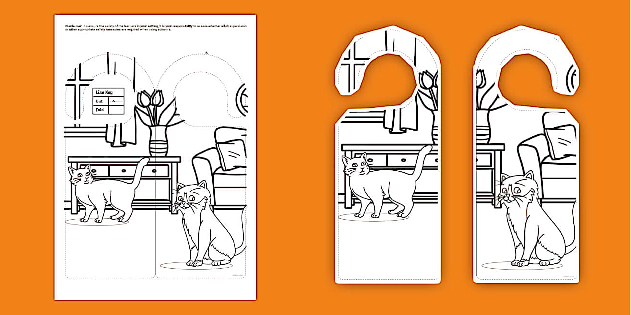 Cat Colouring Door Hanger Worksheet (teacher made) - Twinkl