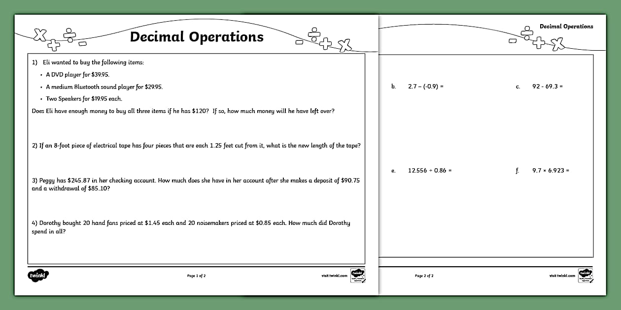Seventh Grade Decimal Operations Activity Sheet - Twinkl