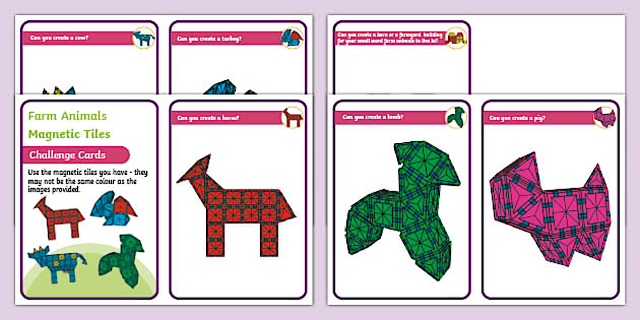 Farm Animals Magnetic Tiles Challenge Cards (teacher made)