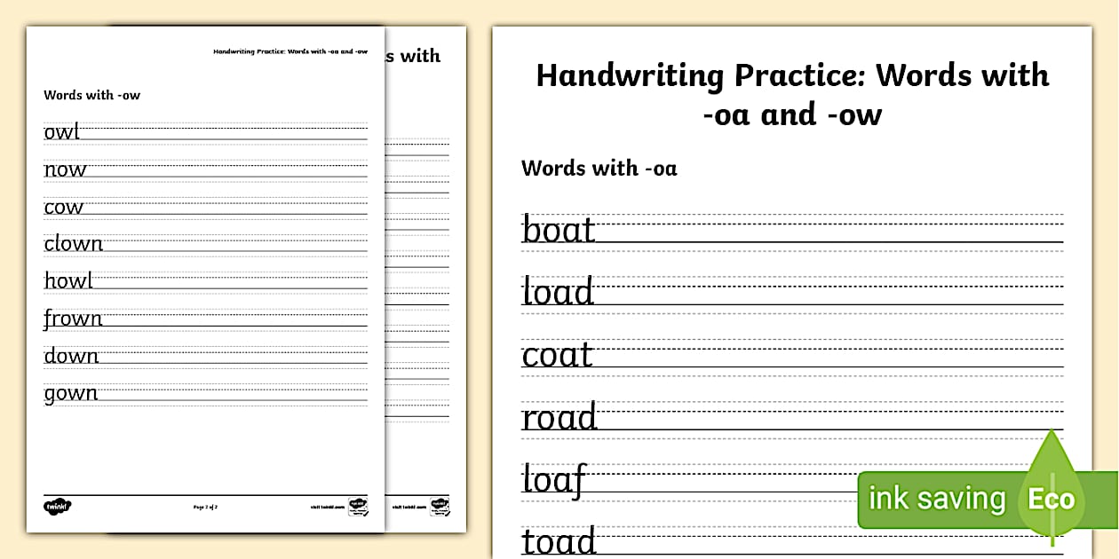 Handwriting Practice: Words with -oa and -ow (teacher made)