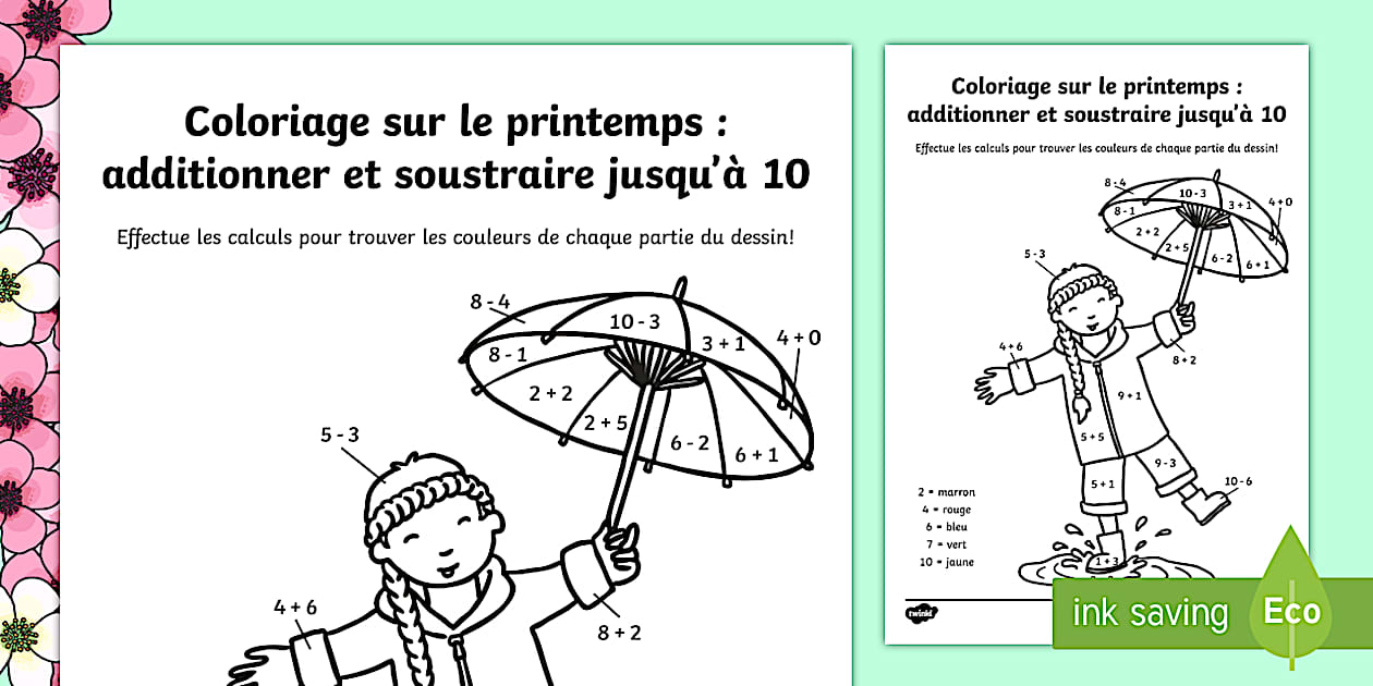 Coloriages et additions : Le printemps (teacher made)