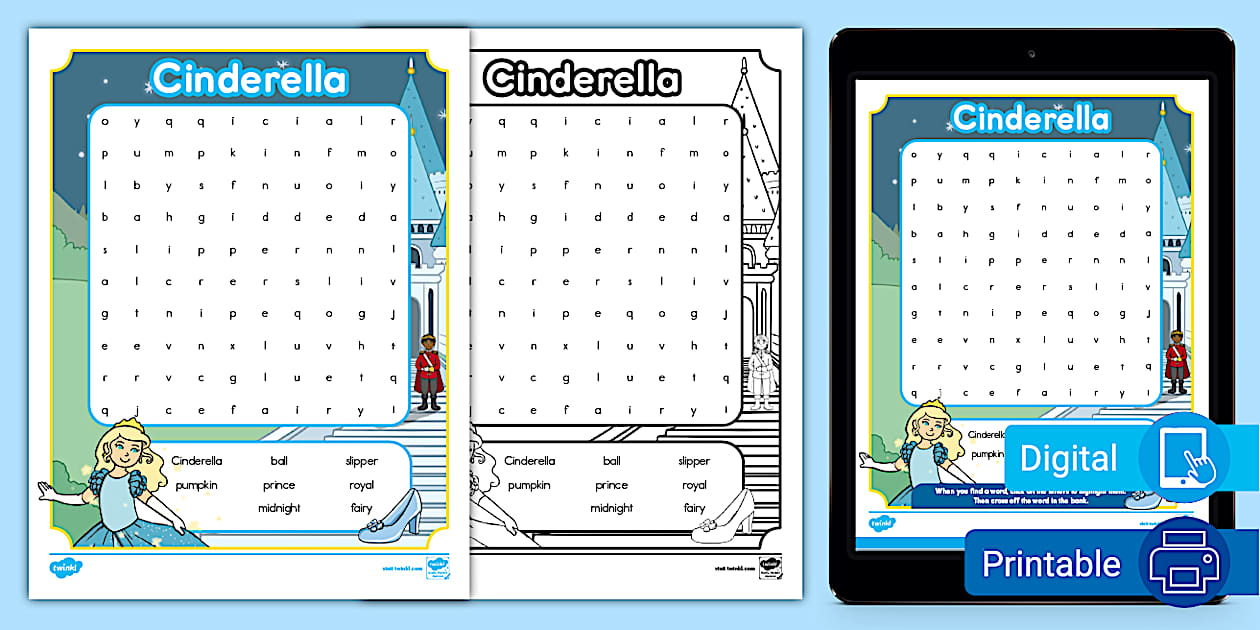Cinderella Fairy Tale Word Search for K-2nd Grade - Twinkl