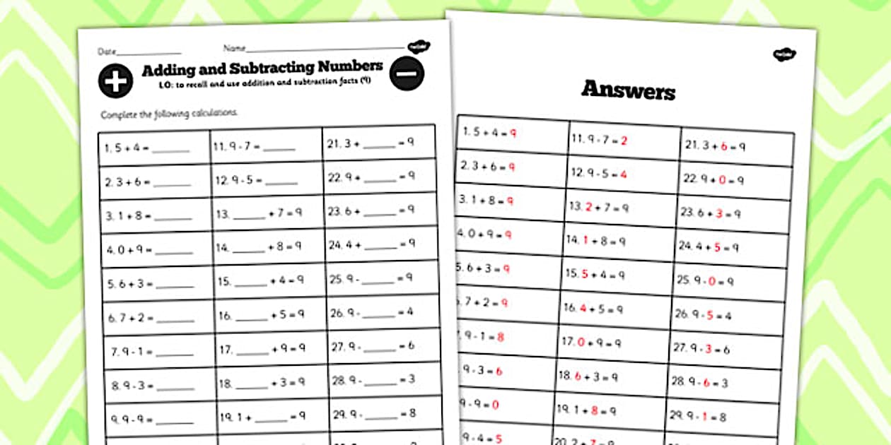 Number Facts to 9 Worksheet (teacher made) - Twinkl