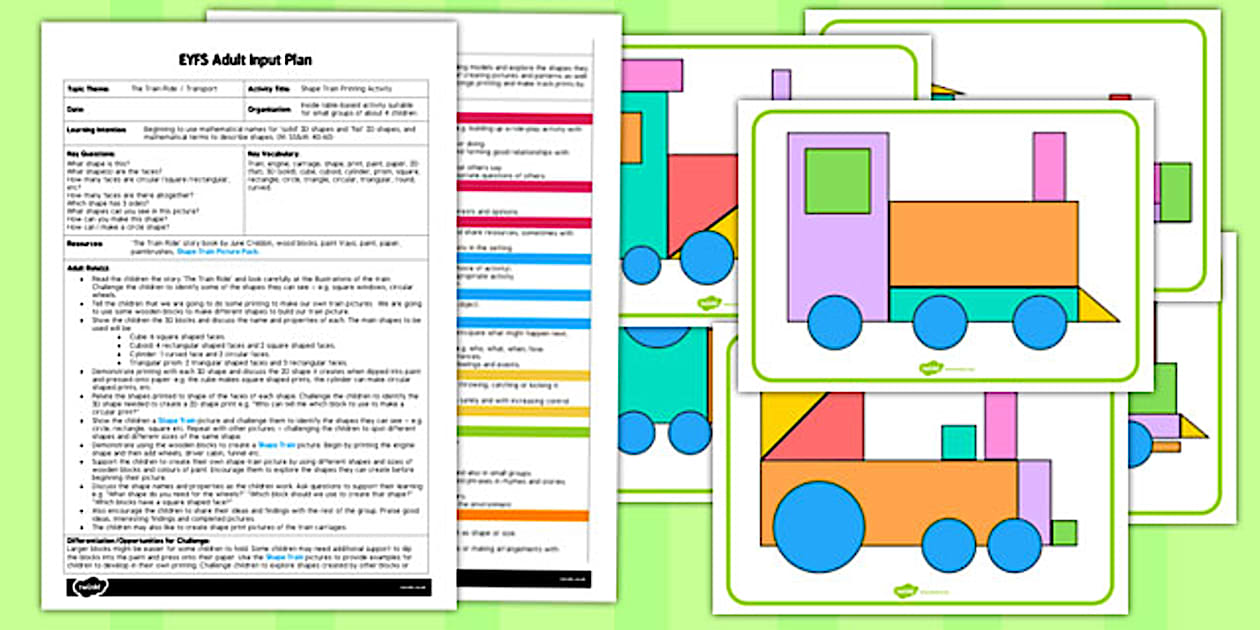 Black and White Shape Train Printing Activity EYFS Adult Input Plan and