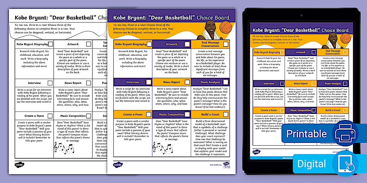 Dear Basketball Choice Board | Kobe Bryant | Twinkl USA