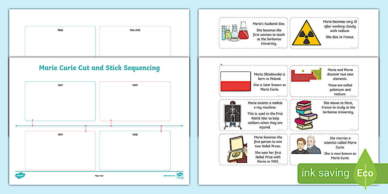 Marie Curie Cut and Stick Sequencing Activity - Twinkl - KS1