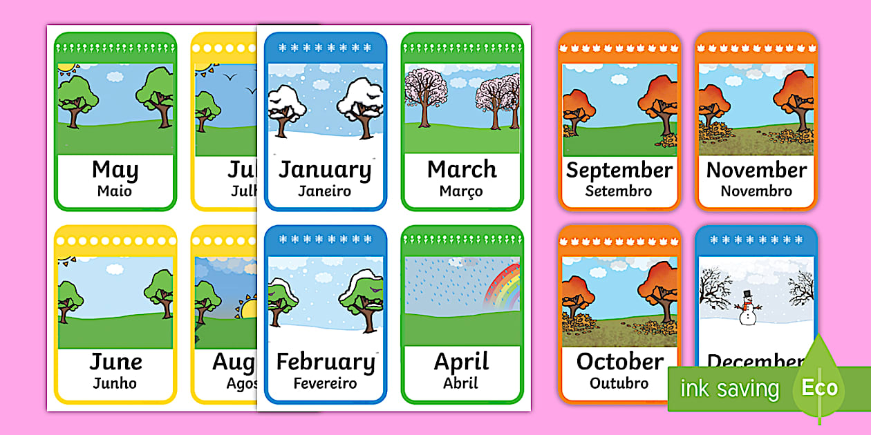 Months of the Year Flashcards English/Portuguese - Twinkl