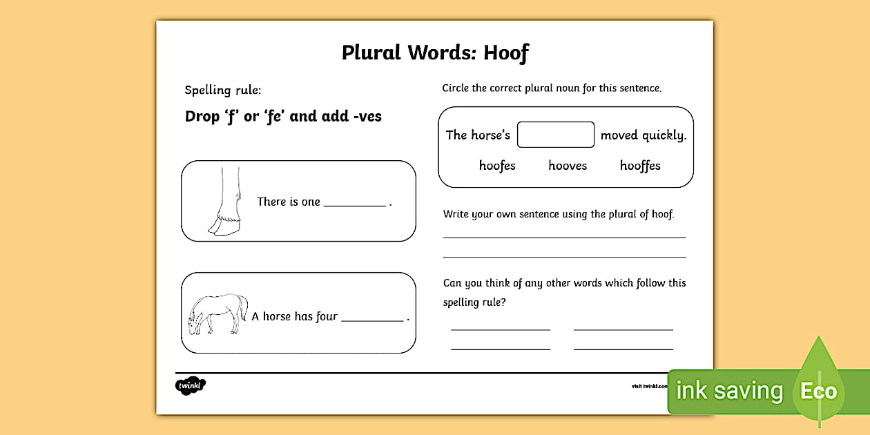 Plural Words - Hoof Worksheet (teacher made) - Twinkl