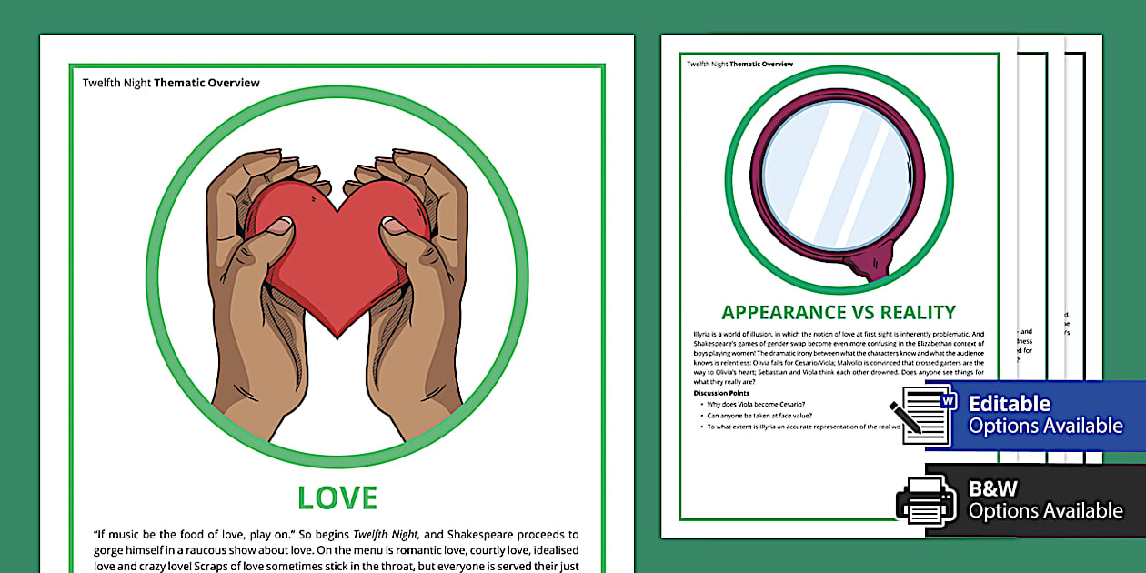 'Twelfth Night' Thematic Overview Worksheet (teacher made)
