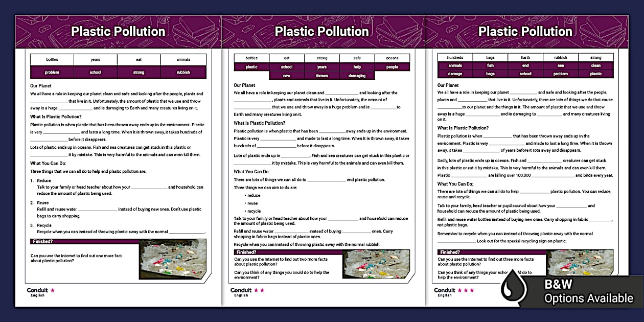 Reinforcing Reading: Plastic Pollution Cloze Passages
