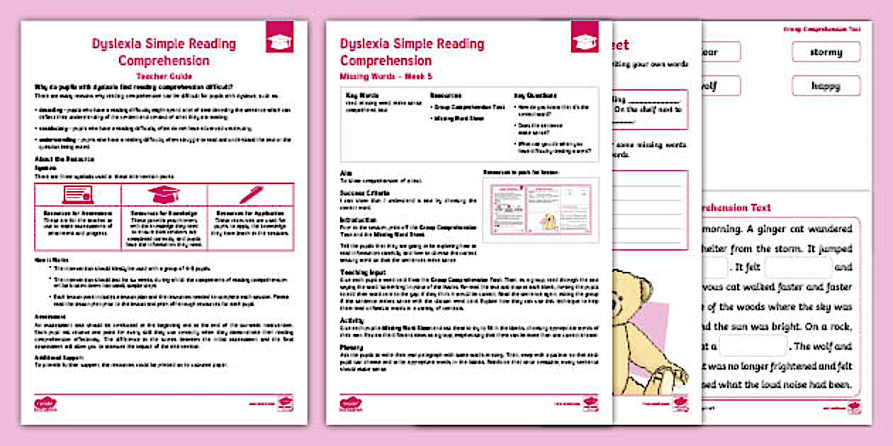 Pack Five Dyslexia Simple Reading Comprehension: Missing Words